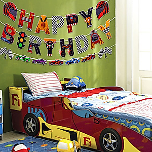 Set of 5 Race Car Party Banners Happy Birthday Paper String Banners Car Theme Garlands Banners Checkered Flag Pennants for Birthday Party Supplies Photo Props Baby Shower Wall Decor