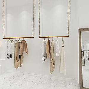 2 Pcs 24"Boutique Retail Hanging Clothing Racks Adjustable Height, Metal Garment Rack Heavy Duty Wedding Dress Display Gold Clothes Rack Ceiling Hanger Storage Shelves Commercial Creative Iron Chain