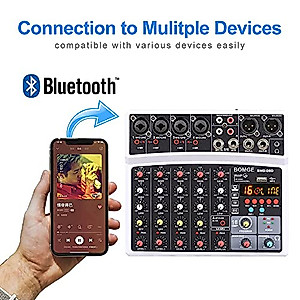BOMGE 6 Channel Audio Sound Mixer - Professional Digital DJ Mixing Console for Live Streaming, Karaoke and Stereo Recording - With PC Computer Record Playback/Bluetooth/MP3/USB/48V /16 DSP Echo