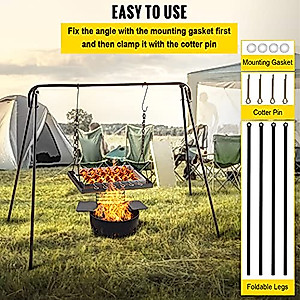 VEVOR Grill Swing, Campfire Cooking Stand 44 Lbs Capacity, 32'' Height Campfire Grill Stand with Adjustable Legs, BBQ Grill with Hooks & & Accessories for Cookware & Dutch Oven