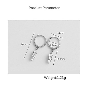 Huggie Small Sleeper Hoop Earrings for Women Girls Sterling Silver Cubic Zirconia with Charms Cute Drop Dangle Cuff Cartilage Helix Stud Dainty Multiple Jewelry (Silver Feather)