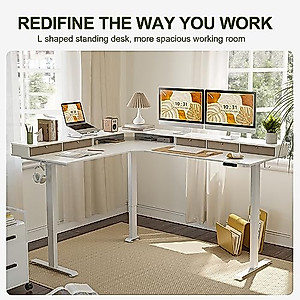 BANTI Triple Motor 75" L-Shape Standing Desk with 5 Drawers, Sit Stand Home Office Desk, Computer Workstation Corner Standing Desk with Spliced Panels, White Top