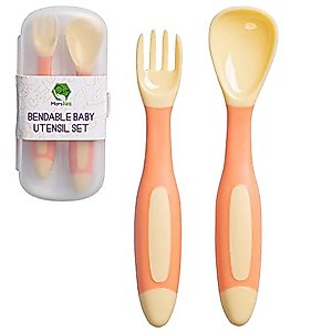 Mars Baby Silicone Baby Spoons Set for Self-Feeding - Bendable Learning Utensils for Toddlers - Perfect for Introducing Solids - With Travel Case - Orange
