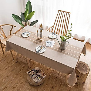 Lipo Waterproof Tablecloth Embroidery Burlap Linen with Tassel - Heavy Duty Wrinkle Free Rectangle Table Cloth for 6 Foot Tables Rustic Farmhouse Tablecloths for Outdoor Party Kitchen 55x86 Coffee