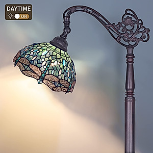 MOOVIEW Tiffany Floor Lamp Dragonfly Stained Glass Floor Reading Bedroom Living Room Arched Lamp 61’’ Tall Wide Lampshade 1 PCS LED Bulb(2700k E26) Included,Sea Blue,Gifts
