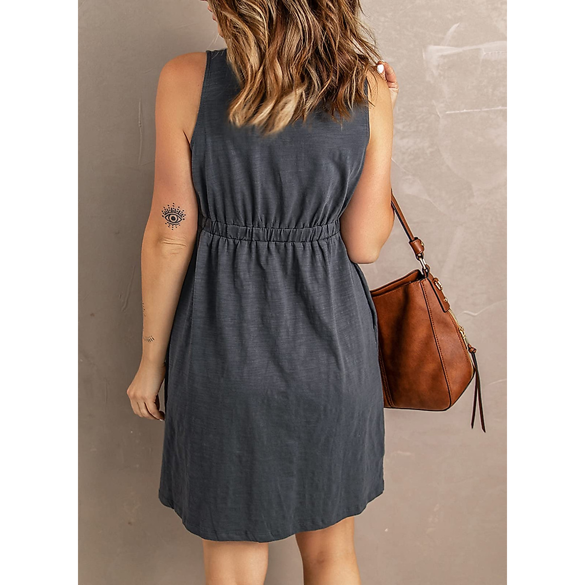 Acelitt Womens Ladies Casual Summer 2025 Fashion V Neck Sleeveless Button Down Dresses Elastic Waist Pleated Mini A-Line Swing Dress Gray Medium