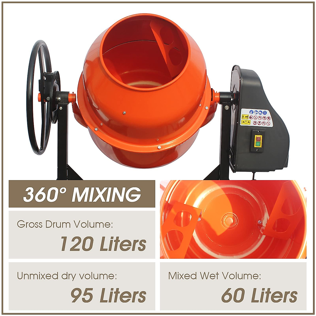 Oarlike 4.2 Cu Ft Electric Concrete Mixer Portable Cement Mixing Machine for Stucco, Mortar Seeds with Wheel and Stand