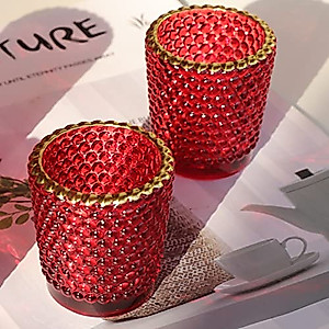 WOHO Red Votive Candle Holders for Table Centerpiece Set of 12, Tealight Candle Holder Bulk with Gold Rim, Glass Tea Lights Candle Holder for Christmas, Holiday and Dating Decor