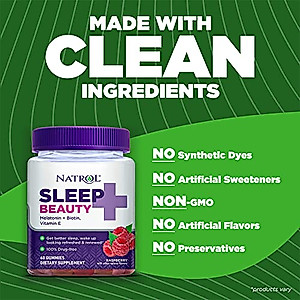 Natrol Sleep+ Beauty, Drug Free Sleep Aid Supplement, for Skin, Hair, Nails, Biotin, Vitamin E, 60 Raspberry Flavored Gummies