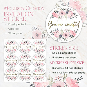 Mobiusea Creation Floral Party You're Invited Envelope Seal Stickers | 1.4 inch | Gold Foil | 54pcs Waterproof Invitation Stickers for Wedding, Bridal Shower, Birthday, Boho Girl Baby Shower