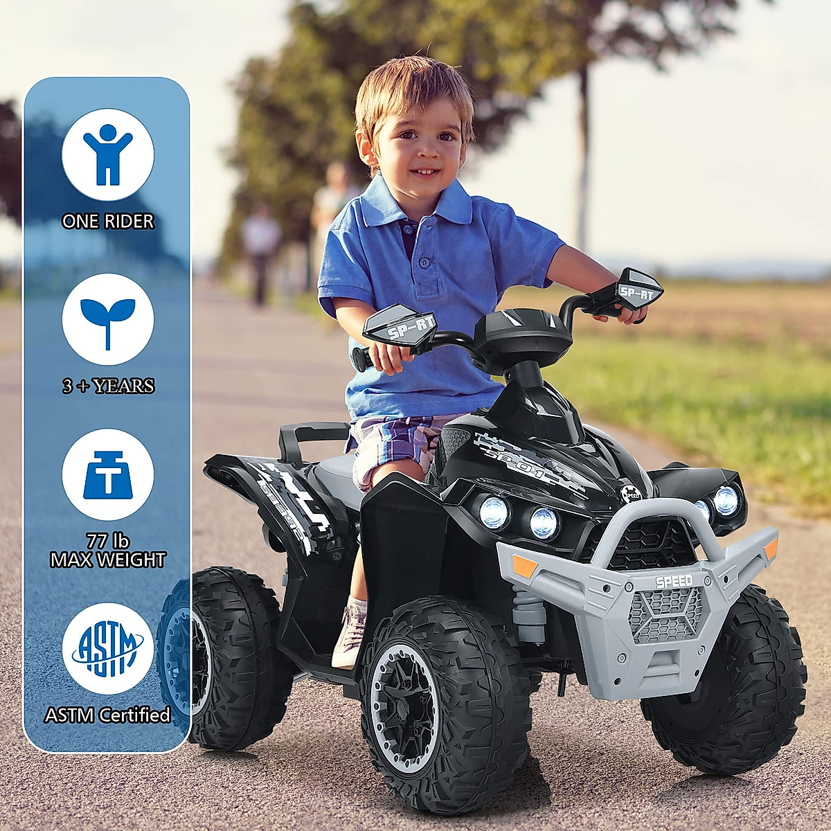 INFANS Kids Ride on ATV, 12V 4 Wheeler Quad Toy Vehicle with Music, Horn, High Low Speeds, LED Lights, Electric Ride On Toy, Battery Powered Wheels Car for Kids Over 3 Years Old (Black)