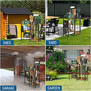 SHINOSKE Garden Tool Organizer with 3-Tier Shelves,Garden Tool Storage Rack with Wheels,Yard Tool Rack for Garage Organization and Storage,Hold Long-Handled Tool,Broom,Rake,3Hooks,Shed,Outdoor