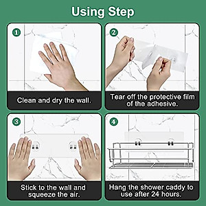 Thideewiz 3 Pack Adhesive Hanging Shower Caddy, 2.7-3.1inch Height Stainless Steel Bathroom Organizer, Silver Polished Shower Shelves with 4 Plastic Hooks and 4 Adhesives