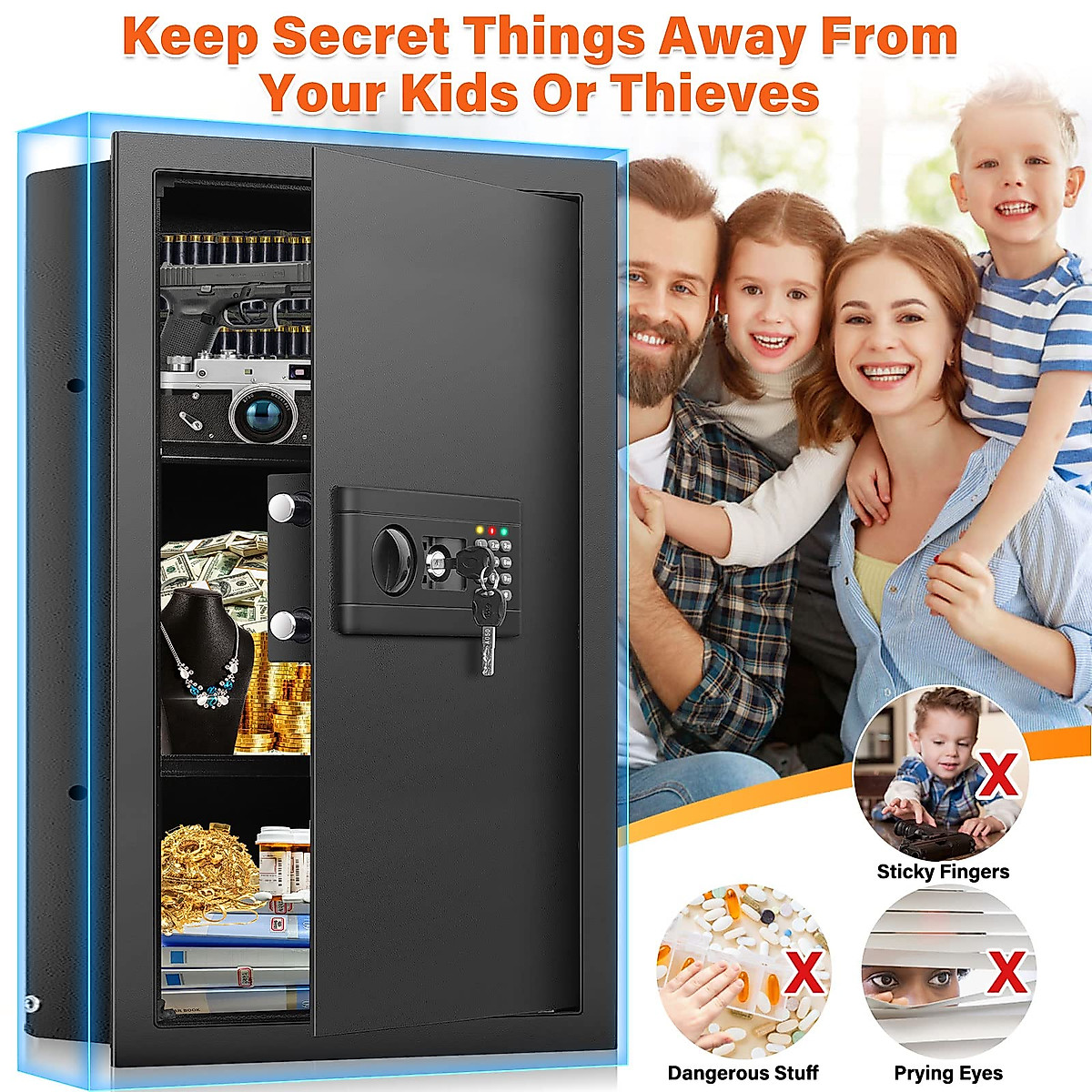 25.6" Tall Fireproof Wall Safes Between the Studs 16" Centers, Hidden Wall Safe with 2 Removable Shelf & Hidden Tray, Heavy Duty Wall Mount Safe for Firearms, Money, Jewelry, Passport Black