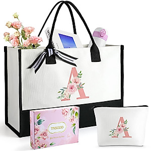 Floral Ini-tial Tote Bag for Women, Can-vas Beach Bag w Makeup Bag, Personalized Birthday Gifts for Women, Inner Pocket, Gift Box, Card Sets, Bridesmaid Bride Wedding Sister Grandma Mom Nurse Gifts A