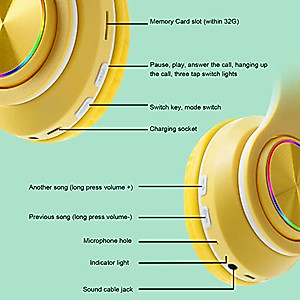 Cryfokt Noise Reduction Bluetooth Headset for Kids, Foldable Over Ear Headphone Wireless Wired Headphones with Colorful Light for Phone, Laptop, Tablets, Online Learning(Yellow)