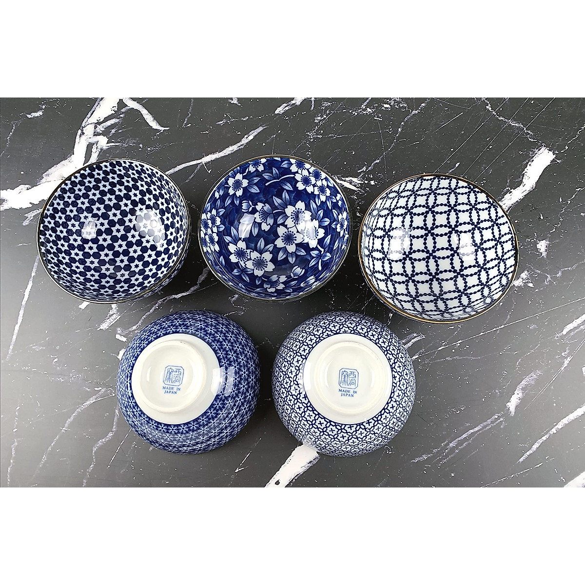 JapanBargain 4686, Japanese Porcelain Rice Bowls Gift Set, Traditional Japanese Inspired Pattern Miso Soup Bowls, Blue Color Salad, Set of 5, Made in Japan