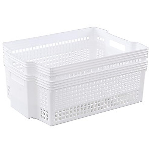 Obstnny 2-Pack White Stacking Storage Bin, Plastic Stackable Storage Basket, R