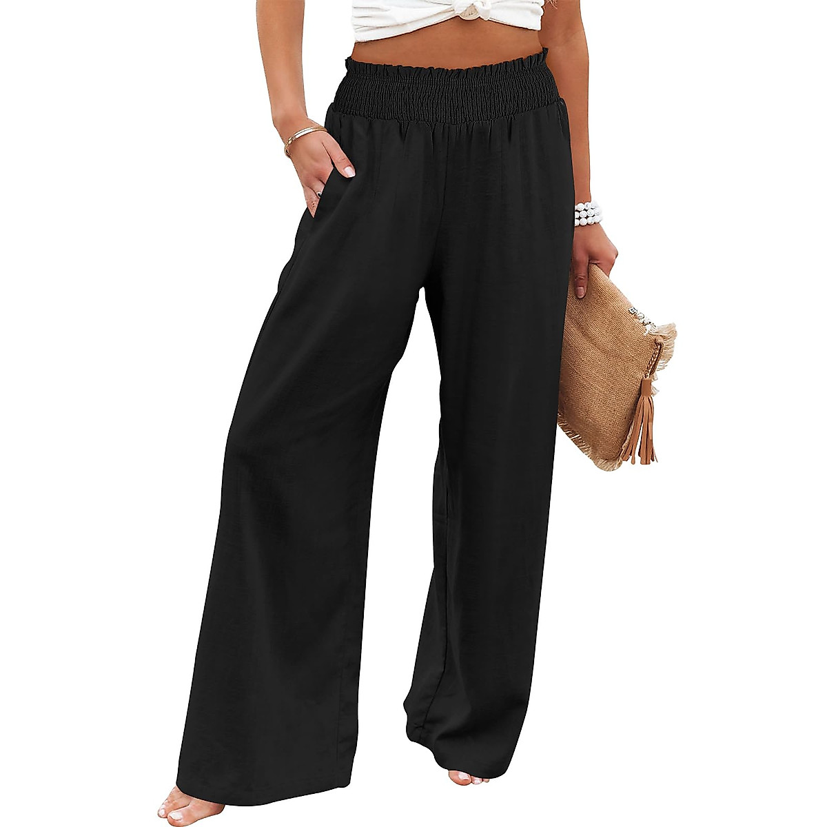 Caracilia Womens Linen Pants Wide Leg Palazzo Lounge Pant High Waisted Flowy 2024 Summer Beach Work Boho Casual Trousers Black Medium