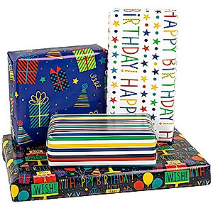MAYPLUSS Birthday Wrapping Paper Large Sheet - Folded Flat - 4 Different Blue Gifts Design (30.1 sq. ft.TTL.) - 27.5 inch X 39.4 inch Per Sheet