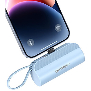 QHYRGEY Portable Charger for iPhone, 5000mAh Mini Power Bank with Built-in Cable & Phone Stand, Small Battery Pack Compatible with for iPhone14/13/12/11/Pro/XS/XR/X/8/7/6/Plus AirPods and More, White
