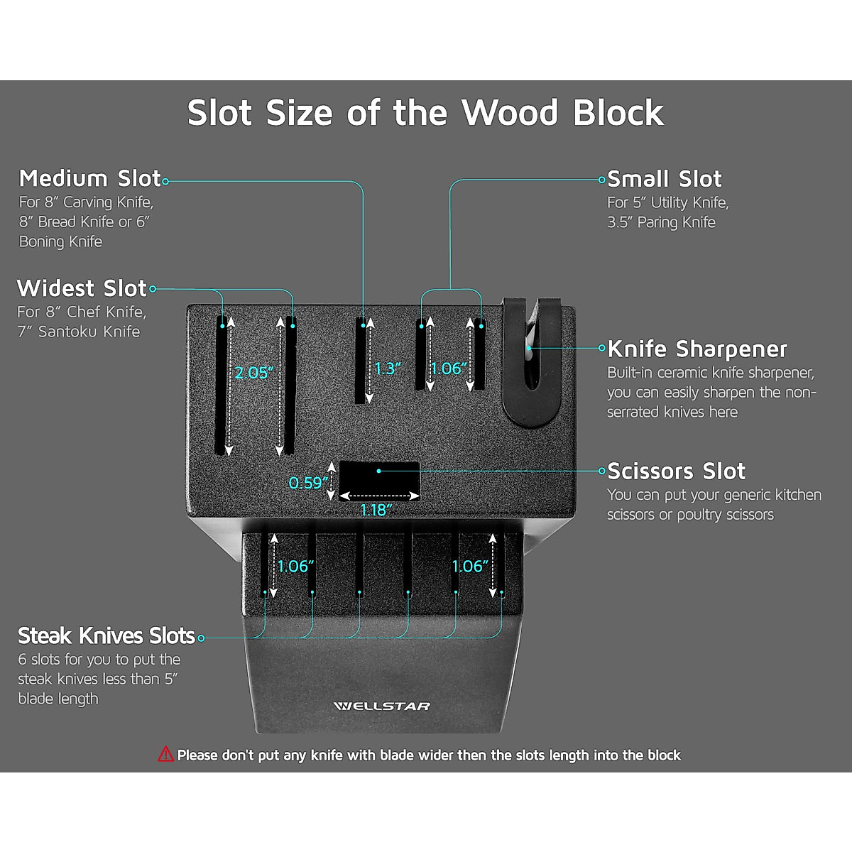 12 Slot Kitchen Knives Block, WELLSTAR Natural Wood Knife Holder without Knives – Hard Wood Countertop Knife Storage with Built-in Knife Sharpener - Black