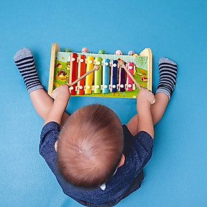 Aomola Wooden Hammering Pounding Toy Bench with Fishing Game, Xylophone, Moving Gears, Clock, Educational Montessori Musical Toys Gifts for Toddlers Kids Baby Boys Girls