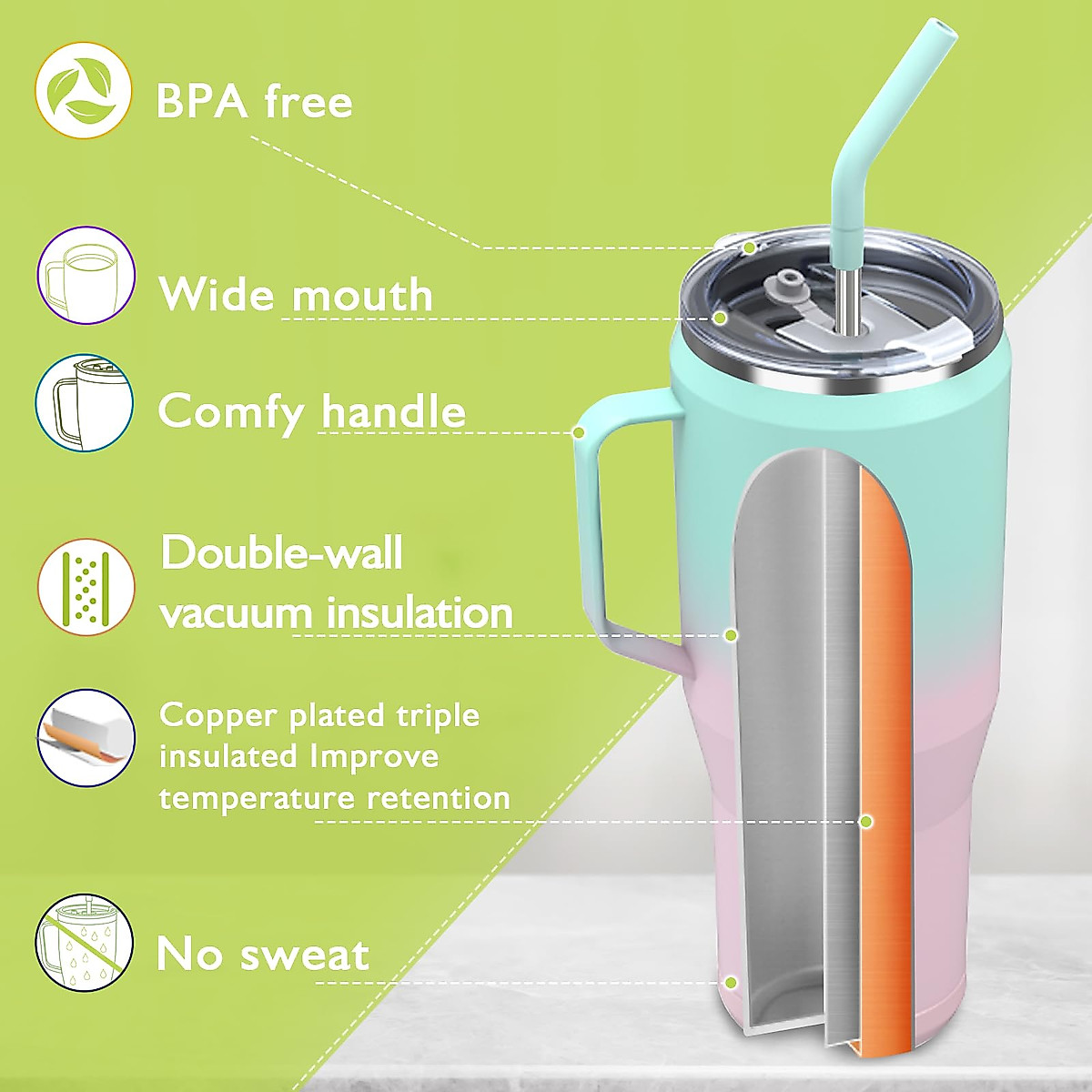 Zukro 50 oz Mug Tumbler With Handle And Straw, Vacuum Insulated Stainless Steel Large Travel Water Cup with Lid,Fit in Cup Holder,No Sweat,Keep Drinks Cold Up To 30 Hours, Dishwasher Safe