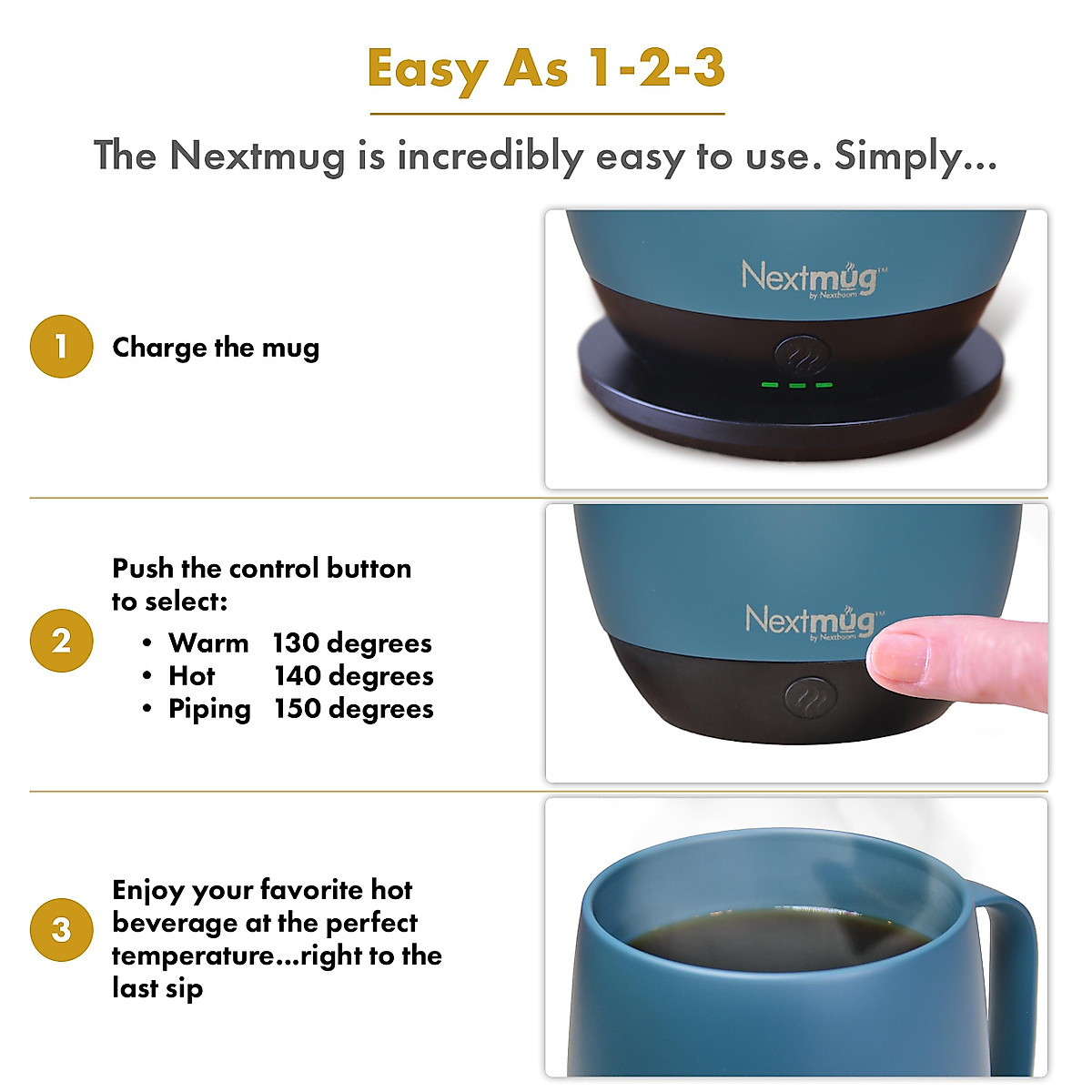 Nextmug - Temperature-Controlled, Self-Heating Coffee Mug (Slate Blue - 14 oz.)