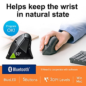 SANWA Bluetooth Ergonomic Mouse, Optical Vertical Mice, for Large Hands, Reduce Wrist Strain, (800/1200/1600 DPI, 6 Buttons) Compatible with MacBook, Laptop, Windows, Mac OS, Android, GMAERGBT15