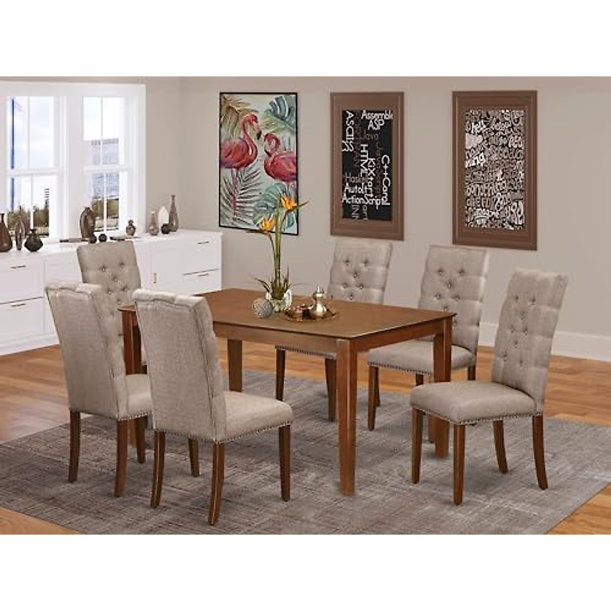 East West Furniture CAEL7-MAH-16 7 Piece Dining Room Table Set Consist of a Rectangle Wooden Table and 6 Dark Khaki Linen Fabric Upholstered Parson Chairs, 36x60 Inch, Mahogany