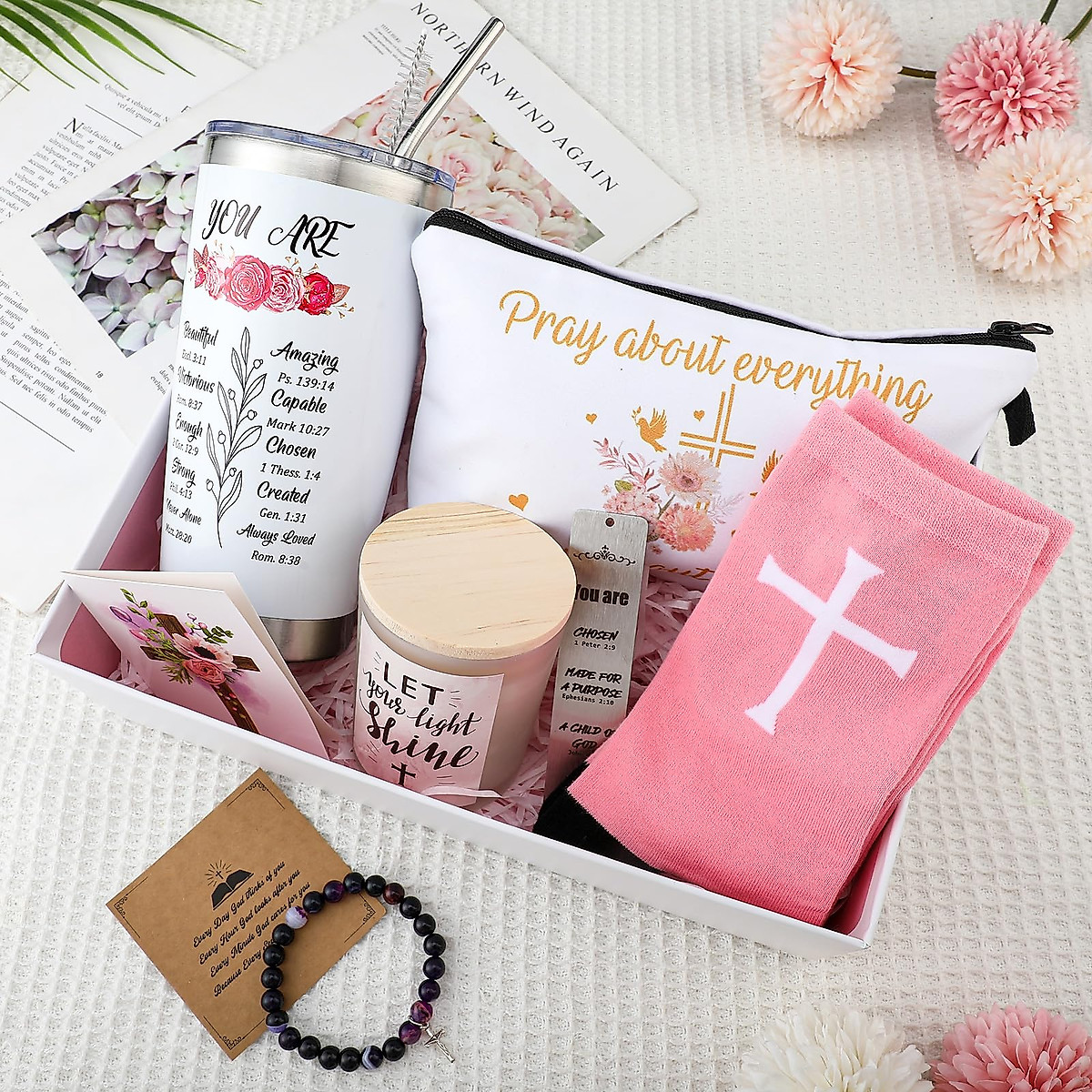 Uiifan 11 Pcs Christian Gifts for Women Faith Pink Inspirational Religious Present Basket Spiritual Birthday Biblical Catholic Mother's Day Gifts for Mom Women Baptism Holiday