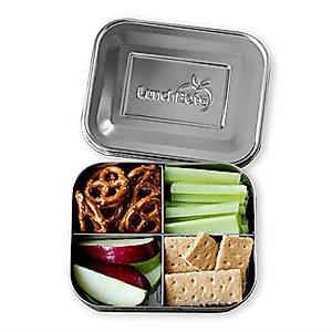 LunchBots Medium Quad Snack Container - Divided Stainless Steel Food Container - Four Sections for Finger Foods On the Go - Eco-Friendly, Dishwasher Safe - Stainless Lid - Stainless Steel