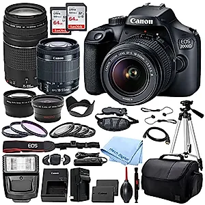 Canon EOS 3000D (Rebel T100) DSLR Camera with EF-S 18-55mm DC III & 75-300mm Lenses Deluxe Accessory Bundle – Includes: 2X SanDisk Ultra 64GB Memory Card, Spare Battery, Black (Renewed)