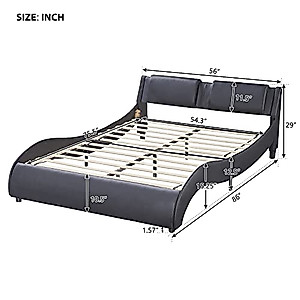 BIADNBZ Full Size Wavy Platform Bed with Adjustable LED Light, Modern Upholstered Faux Leather Bedframe for Kids w/Wooden Slats Support, No Box Spring Needed, Easy Assembly, Black
