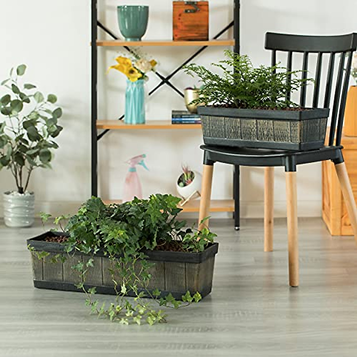 Gardenised Outdoor and Indoor Rectangle Trough Plastic Planter Box, Vegetables or Flower Planting Pot, Brown Small