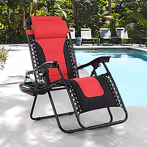 MFSTUDIO Padded Zero Gravity Recliner Chair Set of 2, Folding Patio Lounge Chair w/Adjustable Pillows & Cup Holder for Poolside Backyard, Support 350lbs(Red)