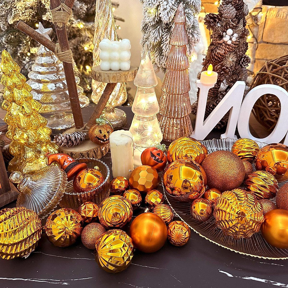 XmasExp 24ct Christmas Ball Ornaments Set Yellow Shatterproof Xmas Tree Hanging Decorations Perfect for Fall Thanksgiving Decor (Orange, 1.57")