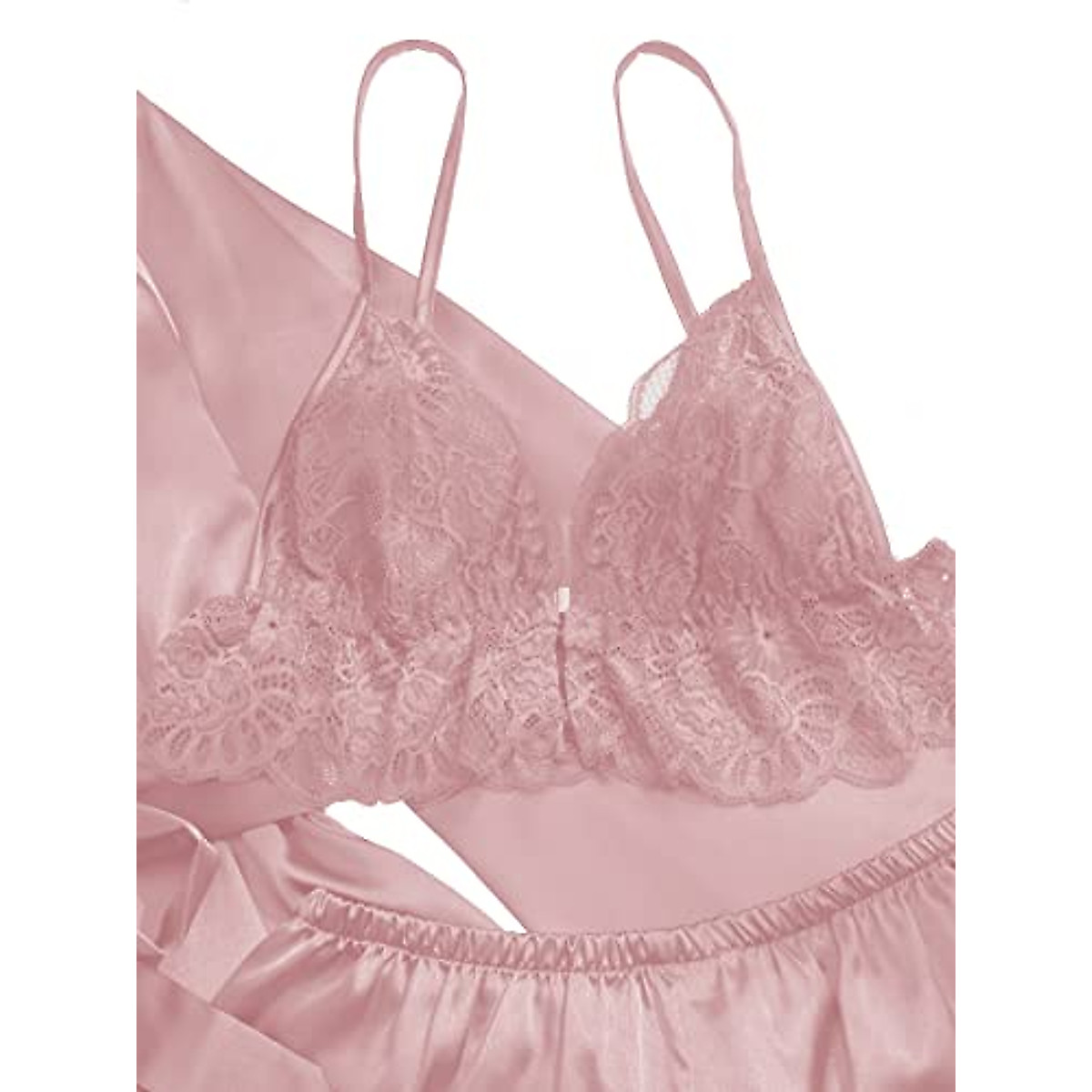 Verdusa Women's Satin Pajama Set 3 Piece Lace Trim Camisole and Shorts with Robe Pink L