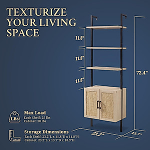 OAKHAM HOME 5 Tier Book Shelf, 73" Tall Bookshelf with Storage, Modern Bookcase with Shelves, Wall Mount Ladder Shelf with Steel Frame, Bookshelves with Rattan Cabinet for Living Room (Weathered Oak)