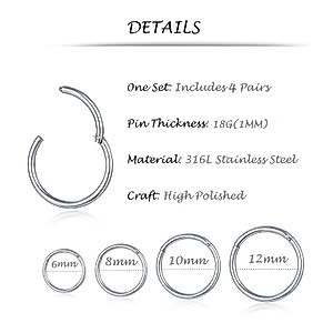 Tornito 8Pcs 18G Stainles Steel Clicker Ring Seamless Lip Nose Daith Cartilage Helix Tragus Hoop Ring