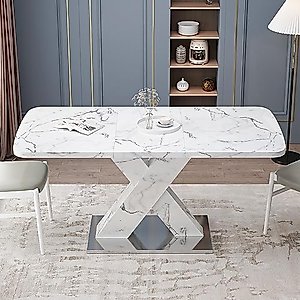 Modern Marble Top Dining Table, Extendable Marble Dining Table for 4-6, Expandable Dining Table with Faux Marble Top and Crossed Pedestal Base, Large Dining Table for Dining Room Kitchen (White)