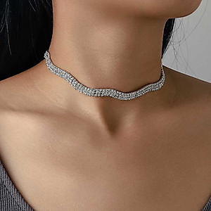 Chennie Rhinestone Choker Necklace Silver Crystal Necklaces Fashion Water Ripple Clavicle Chain Party Sparkly Adjustable Chain Jewerly for Women and Girls