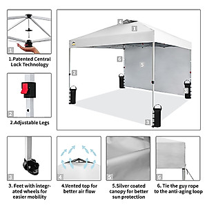 CROWN SHADES Canopy Tent 10x10 Pop Up Canopy Outdoor Shade with One Sidewall, Easy Up Sun Shelter with One Person Set Up Center Lock, Portable Instant Camping Beach Canopy Tents, White