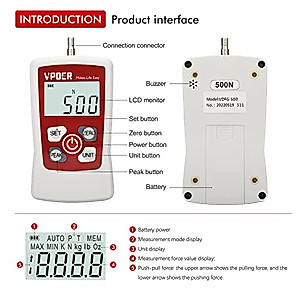 VPOER Digital Force Gauge Push Pull Gauge Tester Portable Force Meter with Maximum Load Value 500N 50kg 110Lb 1800Oz Auto Backlit LCD, Auto Power-Off (VDFG-500N)