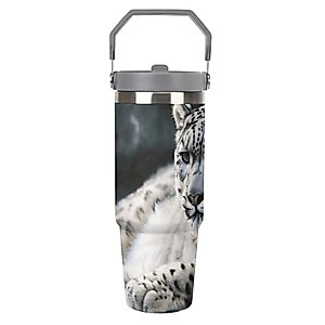 BWQJKUO Large Capacity Car Cup 30 Oz Stainless Steel Snow Leopard Printed Travel Mug Leak-proof Flip Straw Tumbler with Handle,keeps Cold Or Ho