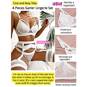 Kaei&Shi Garter Belt Thong Lingerie for Women,Strappy Hollow Out Sexy Lingerie,Underwire Mesh Sheer Matching 4 Piece Lingerie Set Bride Wedding Bridal Honeymoon White 2X-Large