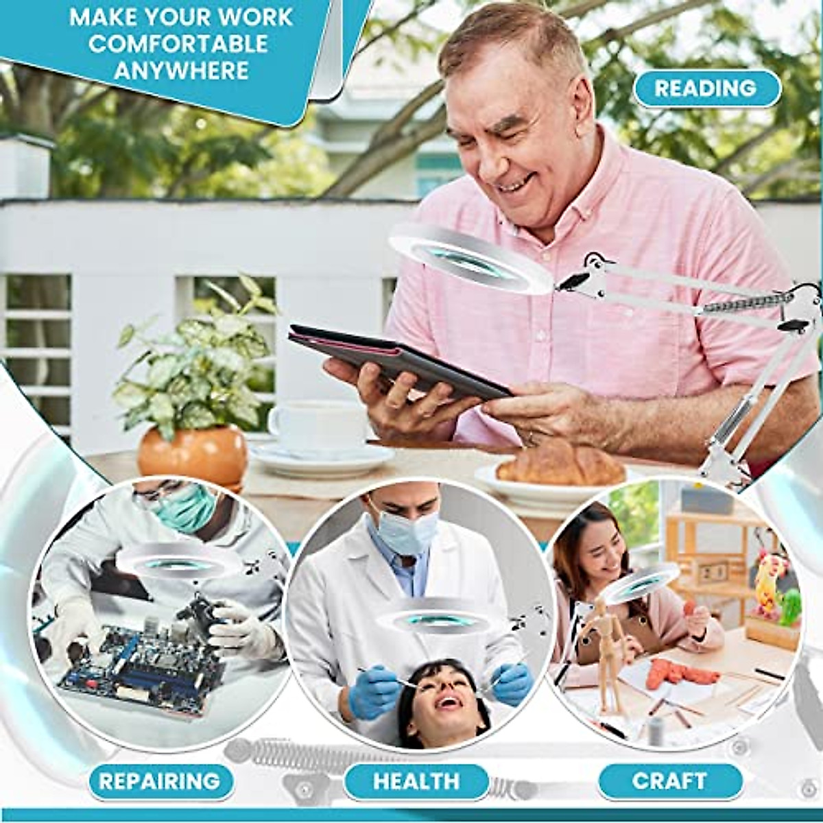 Magnifying Glass with Light and Stand - 2-in-1 Stepless Dimmable LED Magnifying Desk Lamp with Clamp - 3 Color Modes Lighted Magnifier Lens Swivel Arm Light for Reading, Craft, Close Works