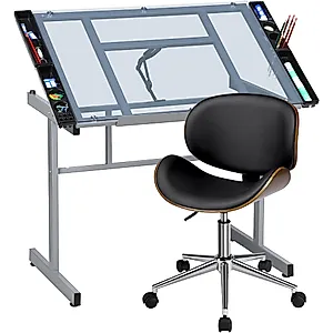 Yaheetech Drafting Table Drawing Table Artist Desk Tilted Tabletop Art Craft Desk with Height Adjustable Rolling Stool for Home Office