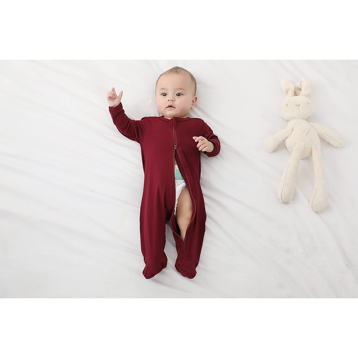 GUISBY Long Sleeve Sleepers Baby, Rayon Footed Pajamas Long Sleeve with Mitten Cuffs 3-6 Months Maroon